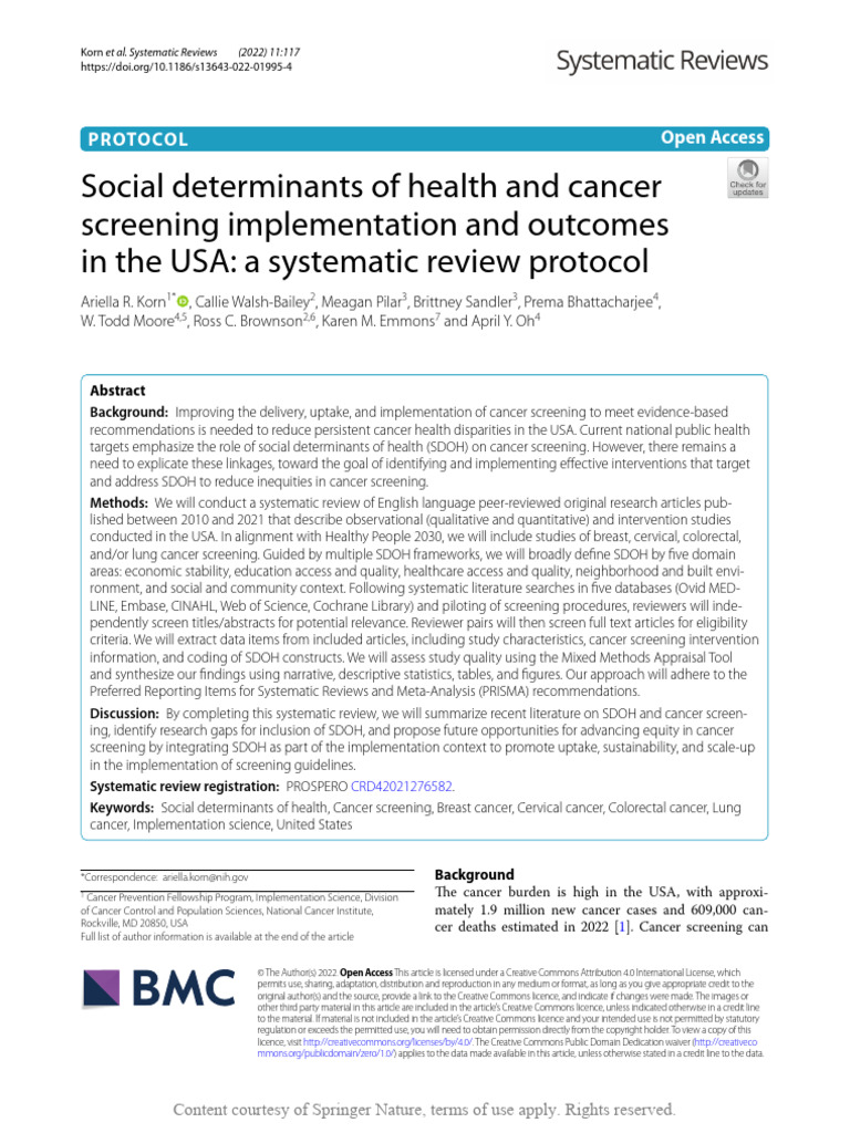 Social Determinants of Health and Cancer Screening | PDF | Systematic ...