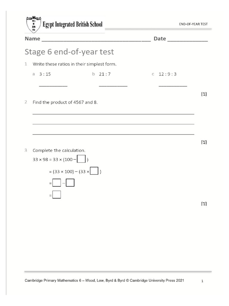 Stage 6 - End of Year Test | PDF
