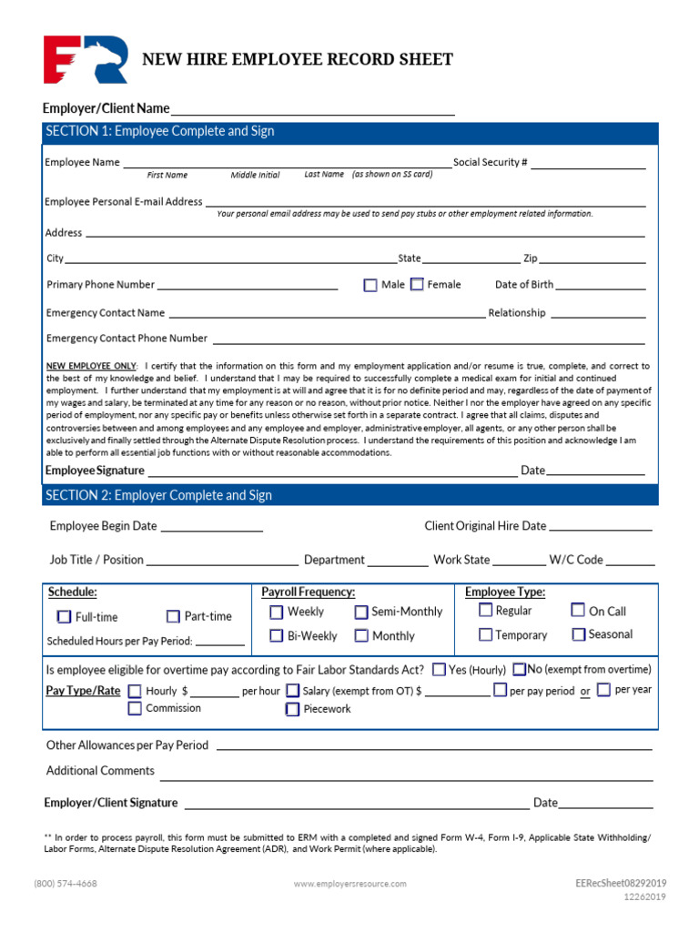 New Hire Employee Record Packet | PDF | Employment | Alternative ...