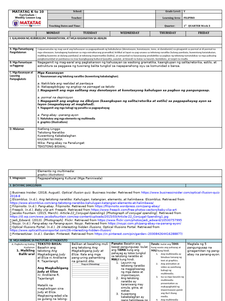 DLL - Filipino 5 - Q1 W3 | PDF