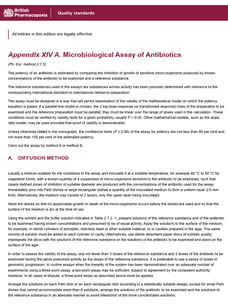 Appendix XIV A. Microbiological Assay of Antibiotics - British Pharmacopoeia | PDF