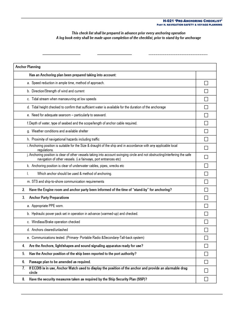 Form H 021 Pre Anchoring Checklist | PDF | Anchor | Navigation