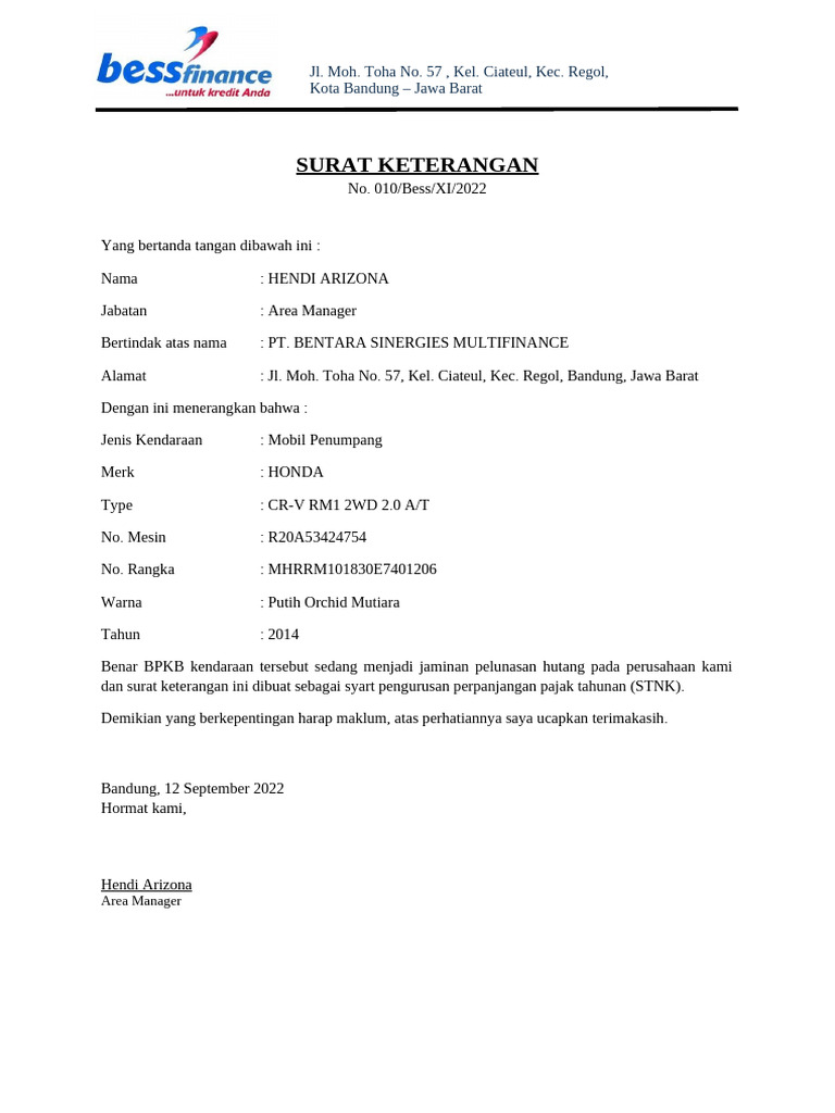 Surat Keterangan Bess | PDF