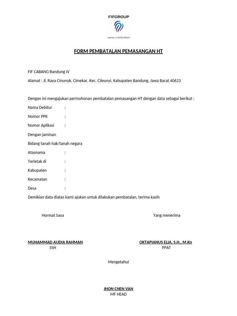 Pembatalan Pemasangan HT FIF Bandung | PDF