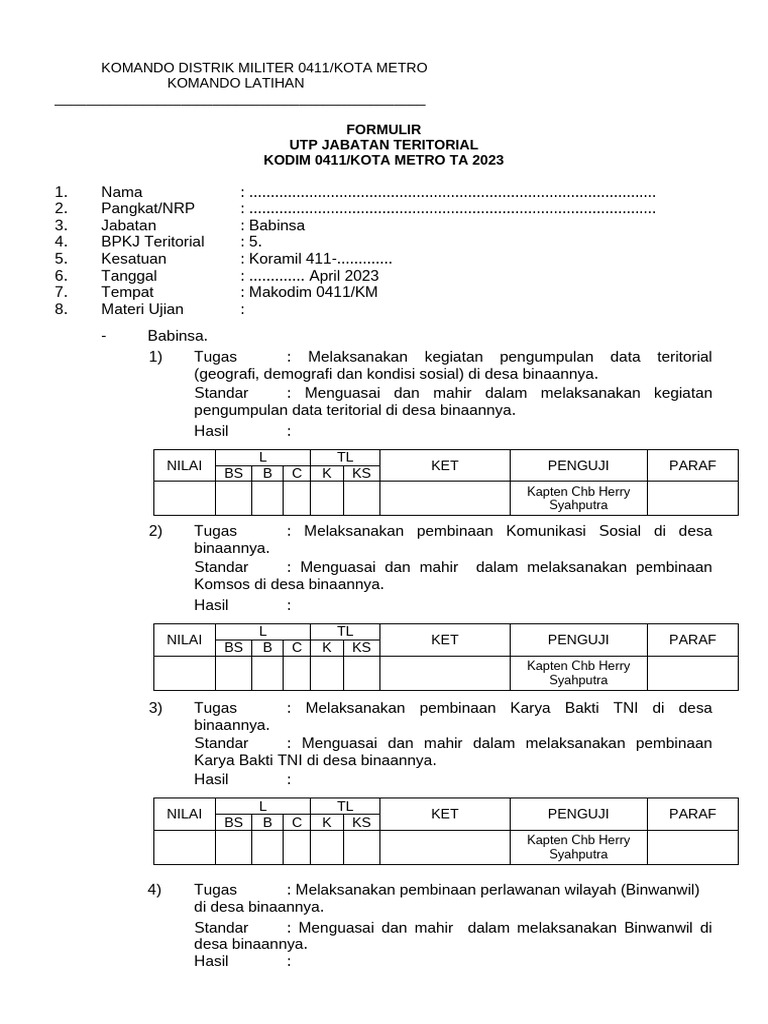 Formulir UTP Jabatan Teritorial 2023 | PDF