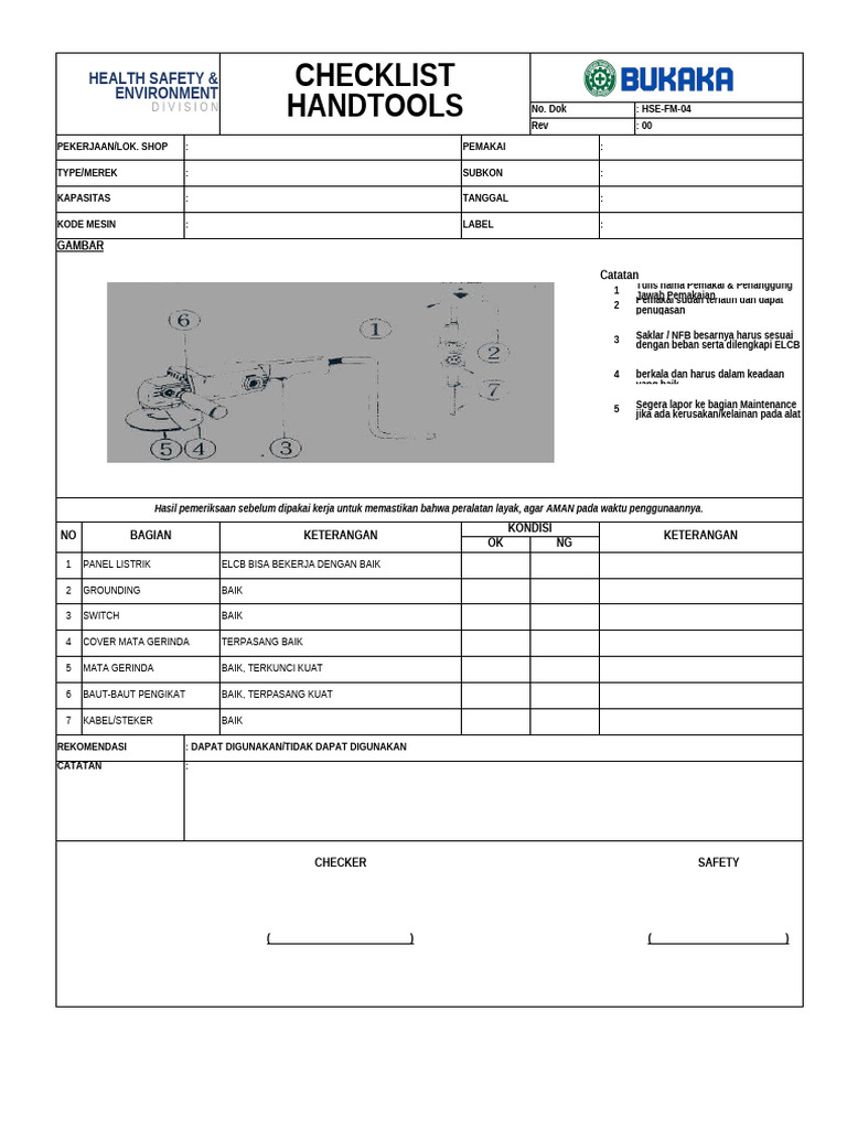 HSE-FM-04 Checklist Gerinda Tangan | PDF