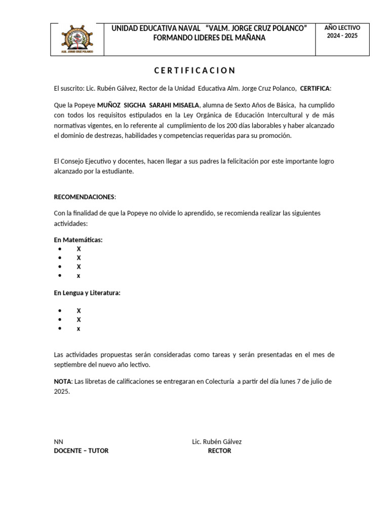 Certificación de Estudiantes 2024-2025 | PDF