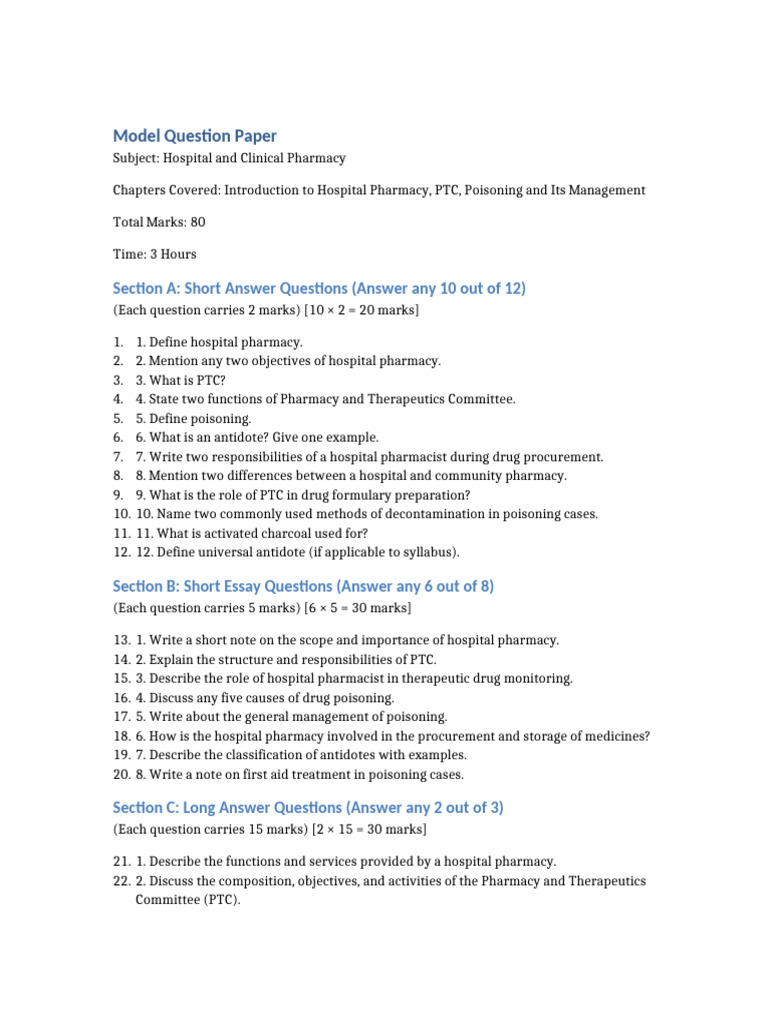Hospital and Clinical Pharmacy Model Paper | PDF