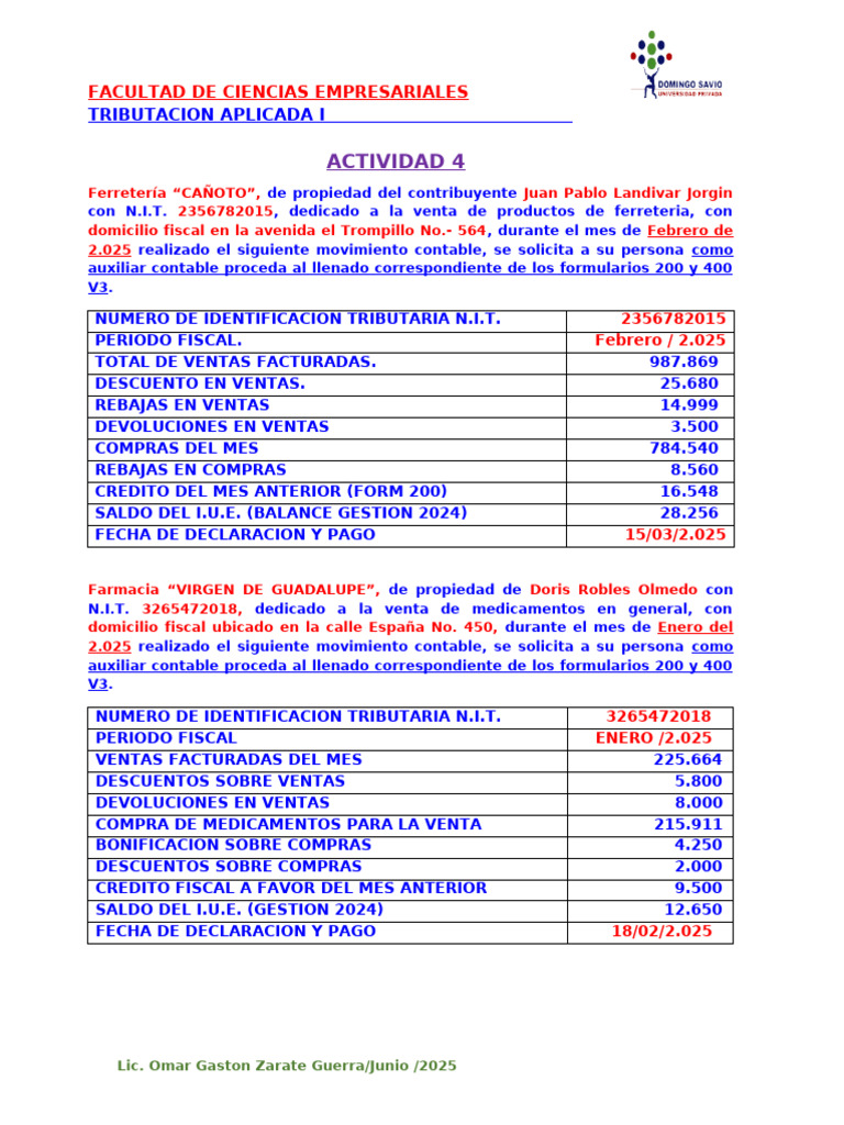 Enunciados Junio 2025 Actividad 4 Tributacion I | PDF