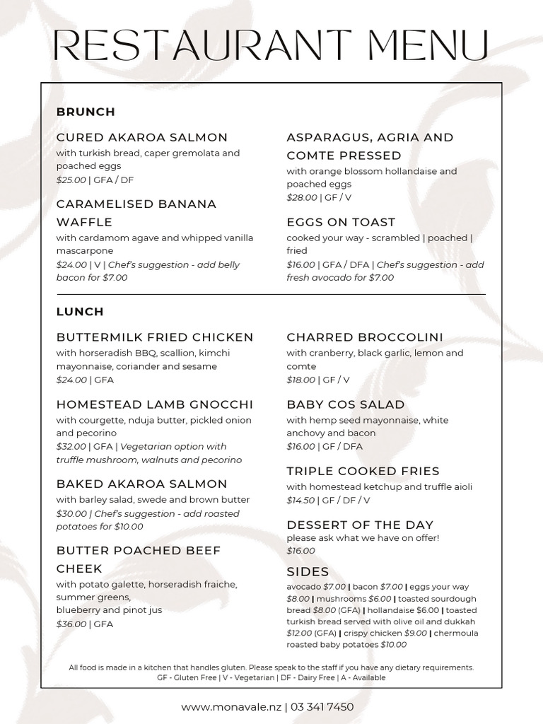Mona Vale Restaurant Menu Overview | PDF | Drink | Cooking