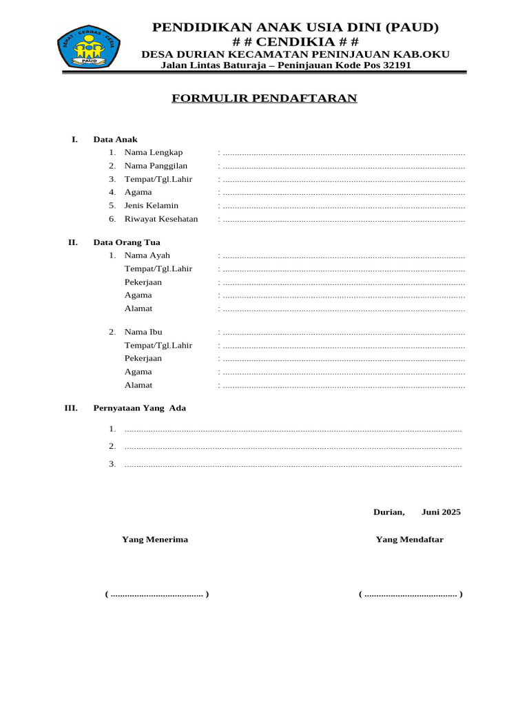 Formulir Paud | PDF