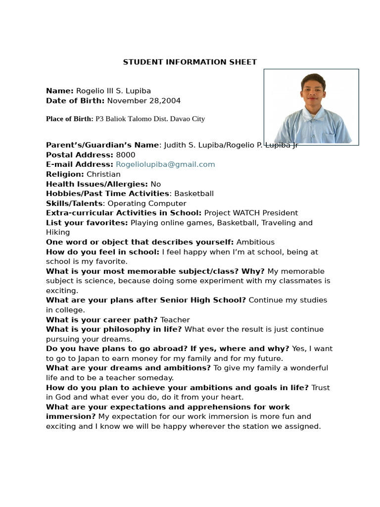 Student Information Sheet | PDF