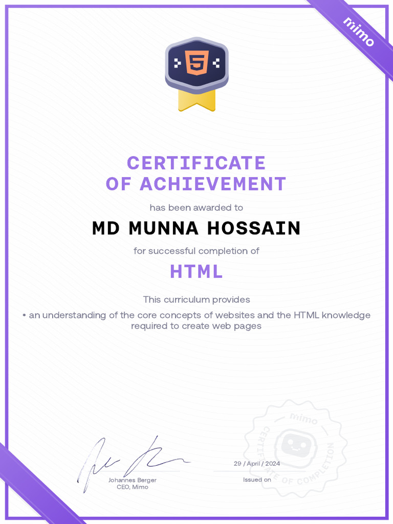 Mimo HTML Certificate for MD Munna Hossain | PDF