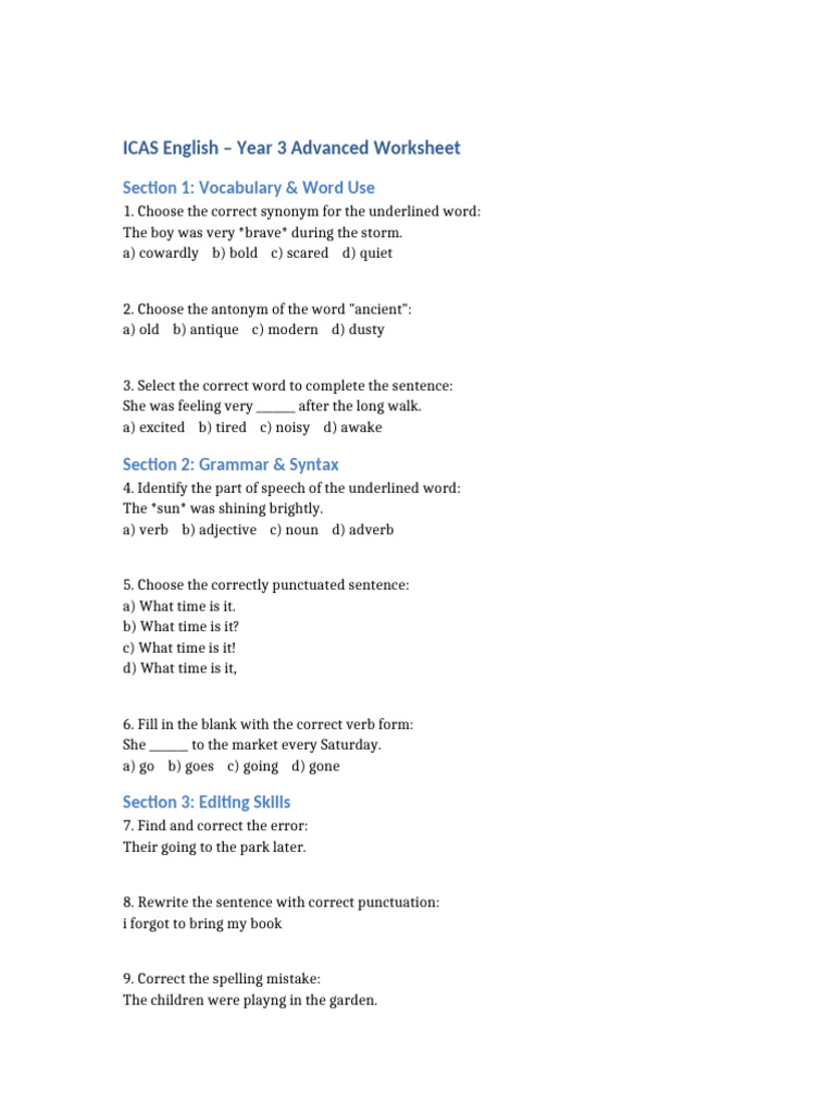ICAS English Advanced Worksheet Class3 | PDF