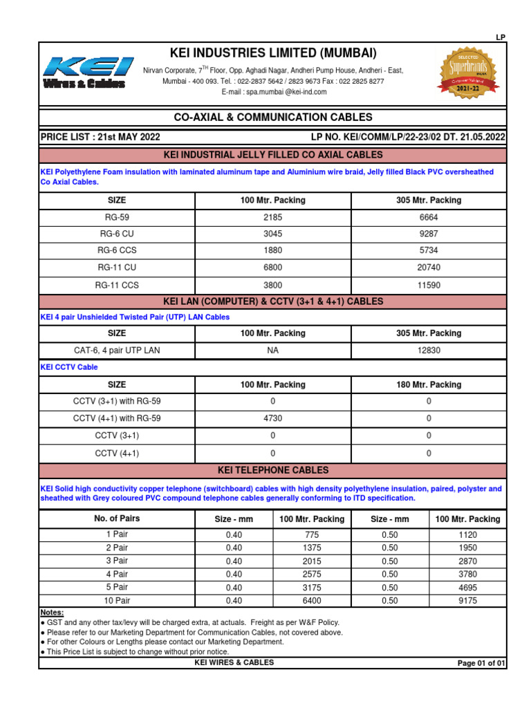 KEI Communication Cable LP - 21st May 2022 | PDF | Electricity ...
