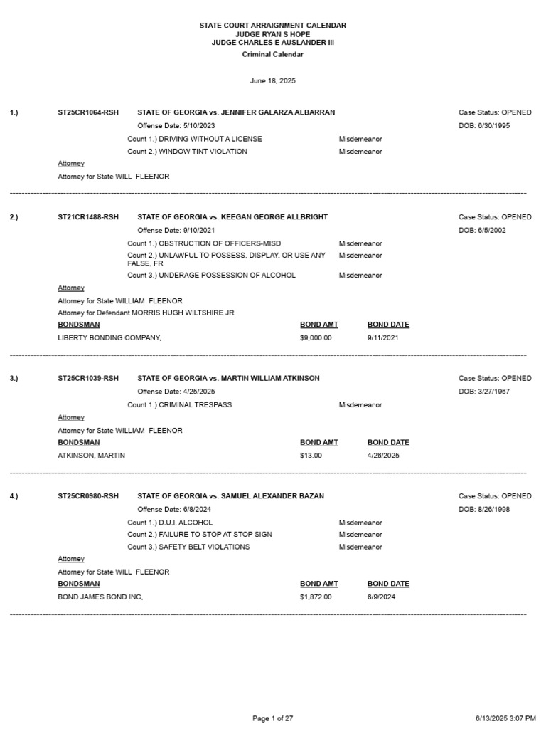 06-18-25 State Court Arraignments 1 | PDF | Misdemeanor | Criminal Law