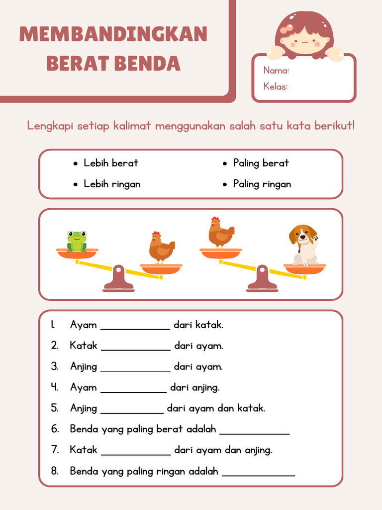 Membandingkan Berat Benda Matematika Kelas 2 Lembar Kerja Merah Muda ...