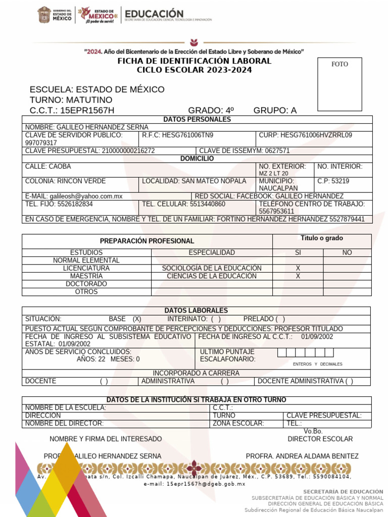 Ficha de Identificacion Laboral 24-25 | PDF | Etapas educativas