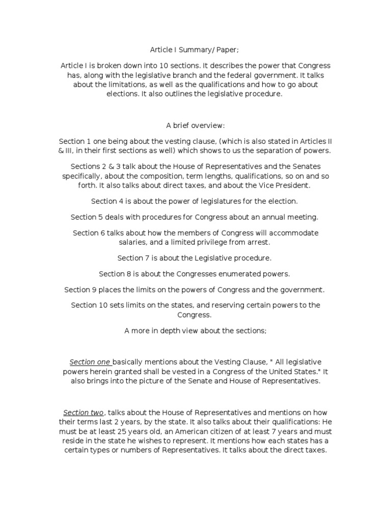 Overview of Article I Powers and Structure | PDF | Article One Of The ...