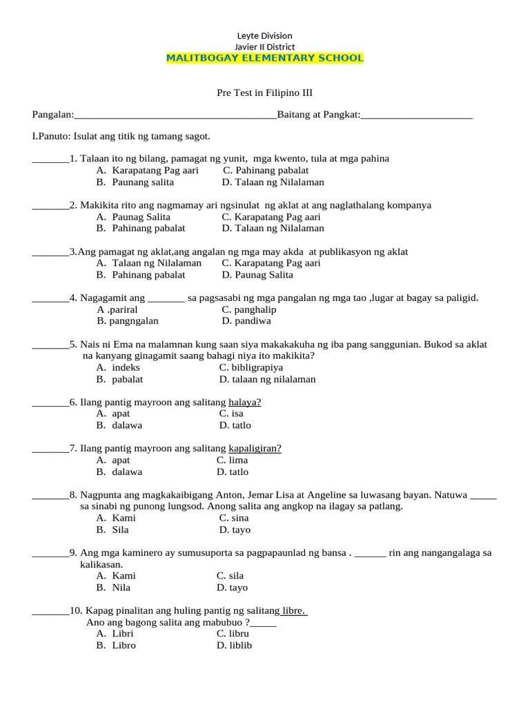 Pre-Test Filipino 3 | PDF