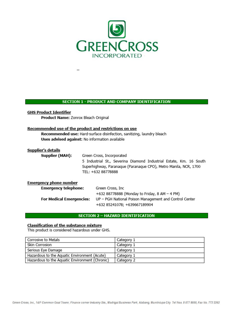 Safety Data Sheet - Zonrox Bleach Original | PDF | Chlorine | Safety