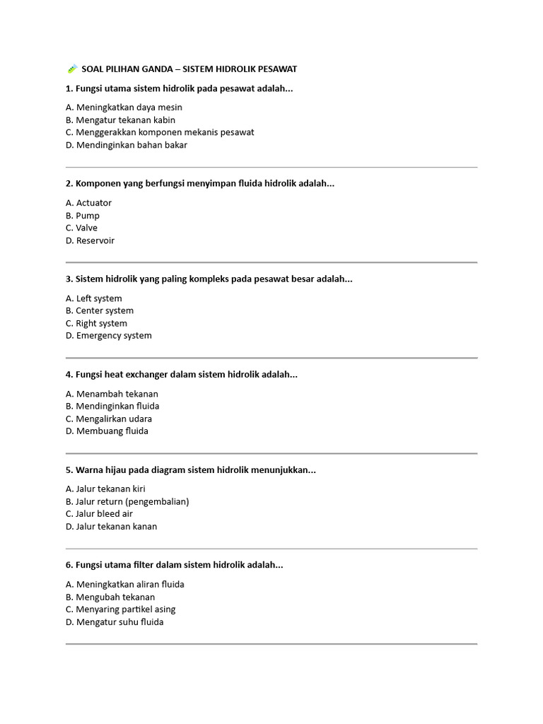 ? SOAL PILIHAN GANDA Sistem Hydraulic Pesawat | PDF