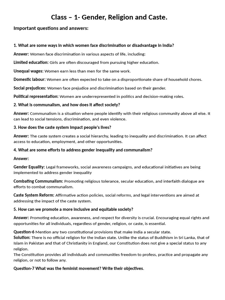 Class 10 Gender, Equality and Religion | PDF | Discrimination | Gender ...