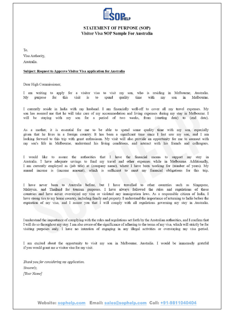 Visitor Visa Sop Sample For Australia PDF | PDF