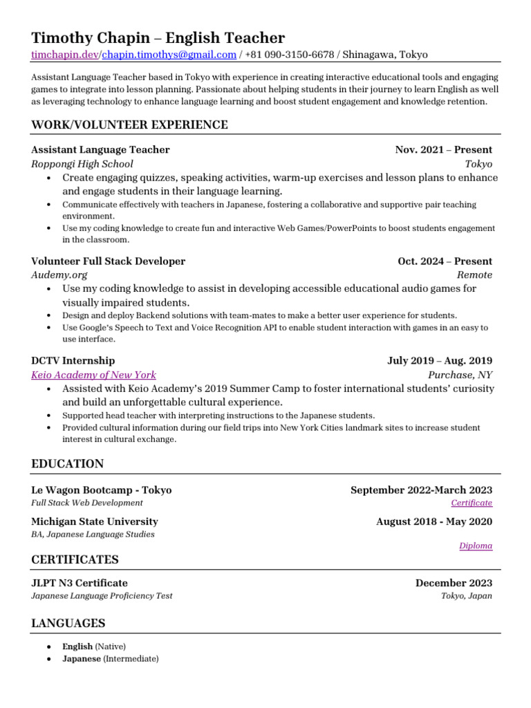 Timothy Chapin Teacher Resume | PDF | Human Communication | Cognition