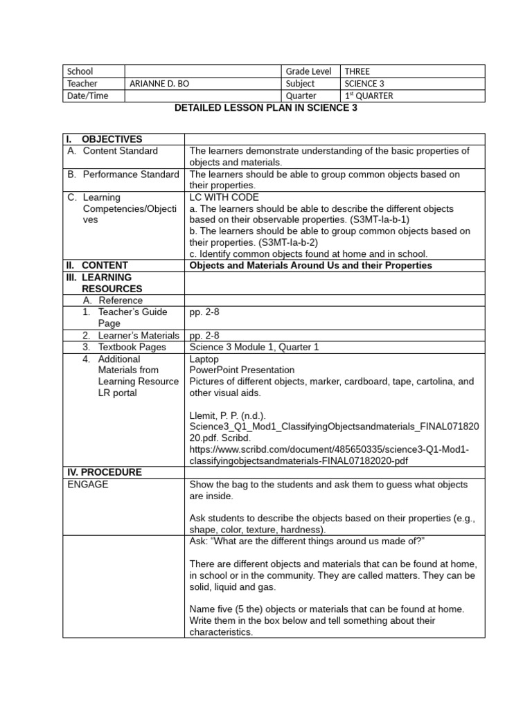 Lesson Plan Format in Science | PDF | Liquids | Lesson Plan