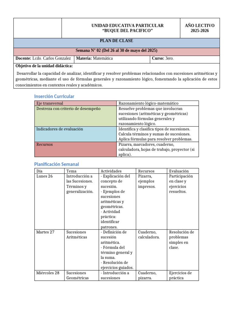 Plan de Clases 2da Semanal 3ro Mate | PDF | Secuencia | Aritmética