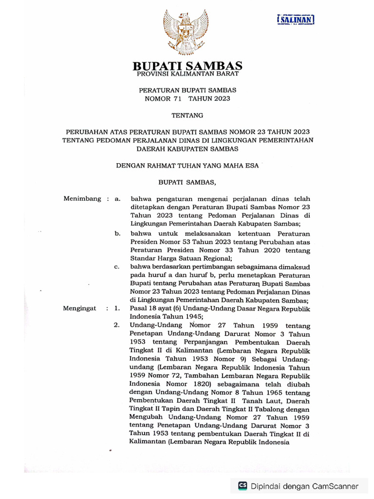 02 - Perbup 71 Tahun 2023 Perubahan Pertama Perjadin | PDF