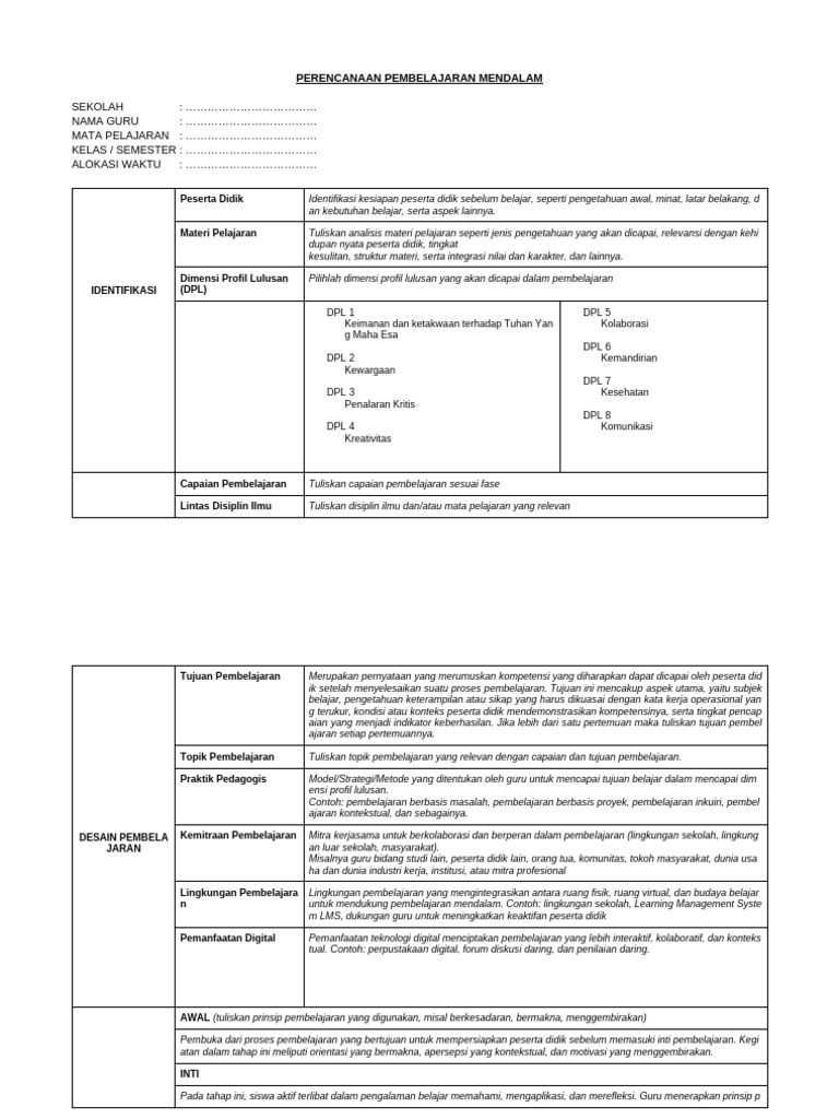Format RPP Pembelajaran Mendalam | PDF