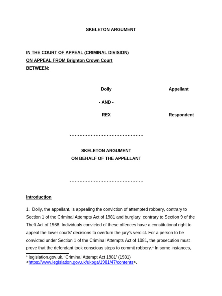 Skeleton Argument Dolly's Appeal | PDF | Robbery | Burglary