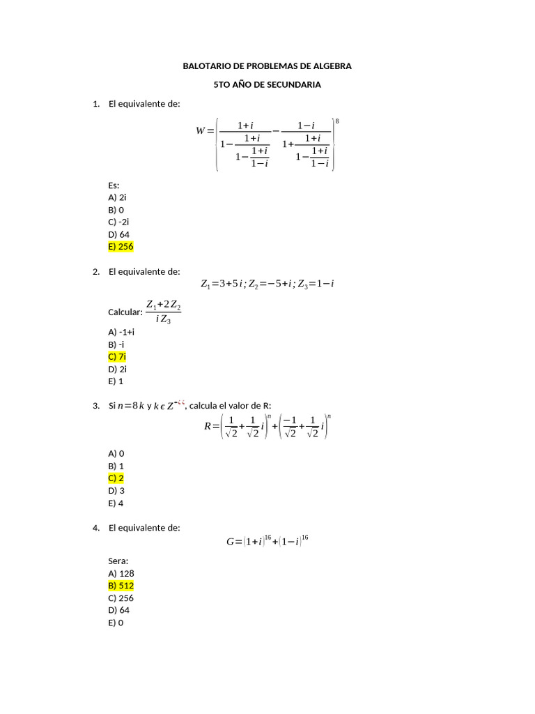 Balotario - Algebra | PDF | Matemáticas | Objetos matemáticos