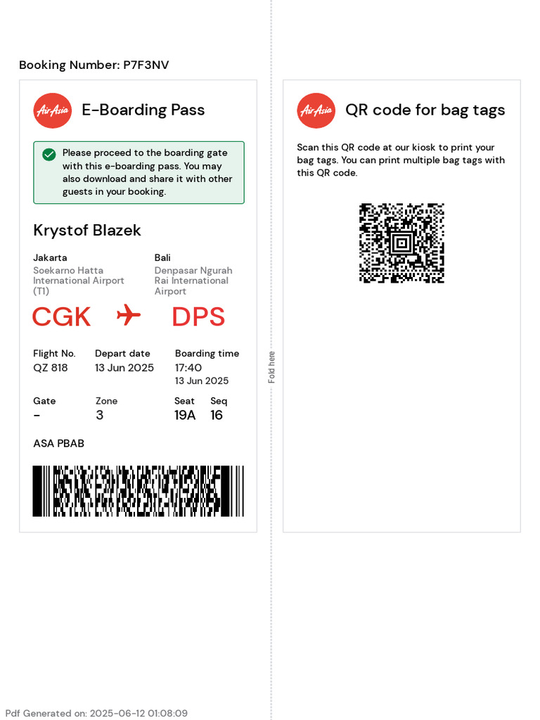 E-Boarding Pass for Flight QZ 818 | PDF