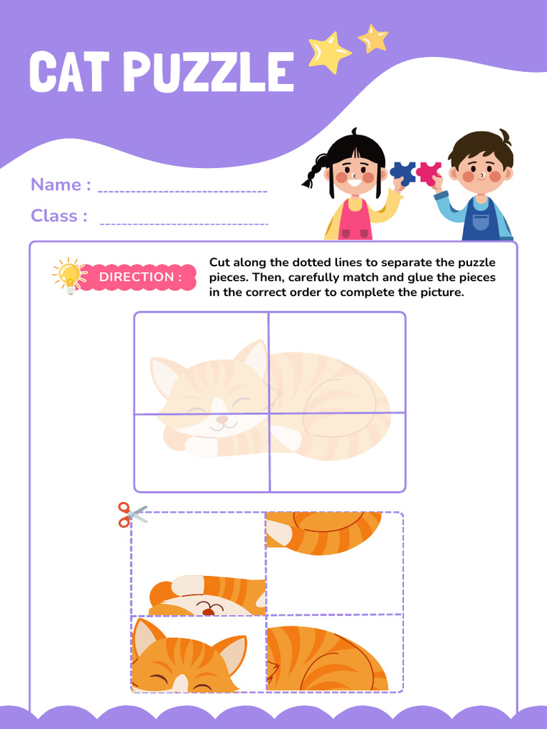 Cat Puzzle Worksheet in White Purple Illustrative Style | PDF