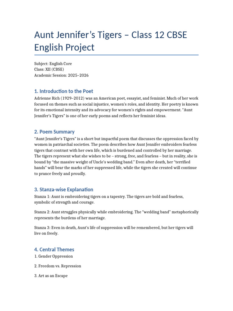 Aunt Jennifer's Tigers: Class 12 Project | PDF | Poetry | Feminism