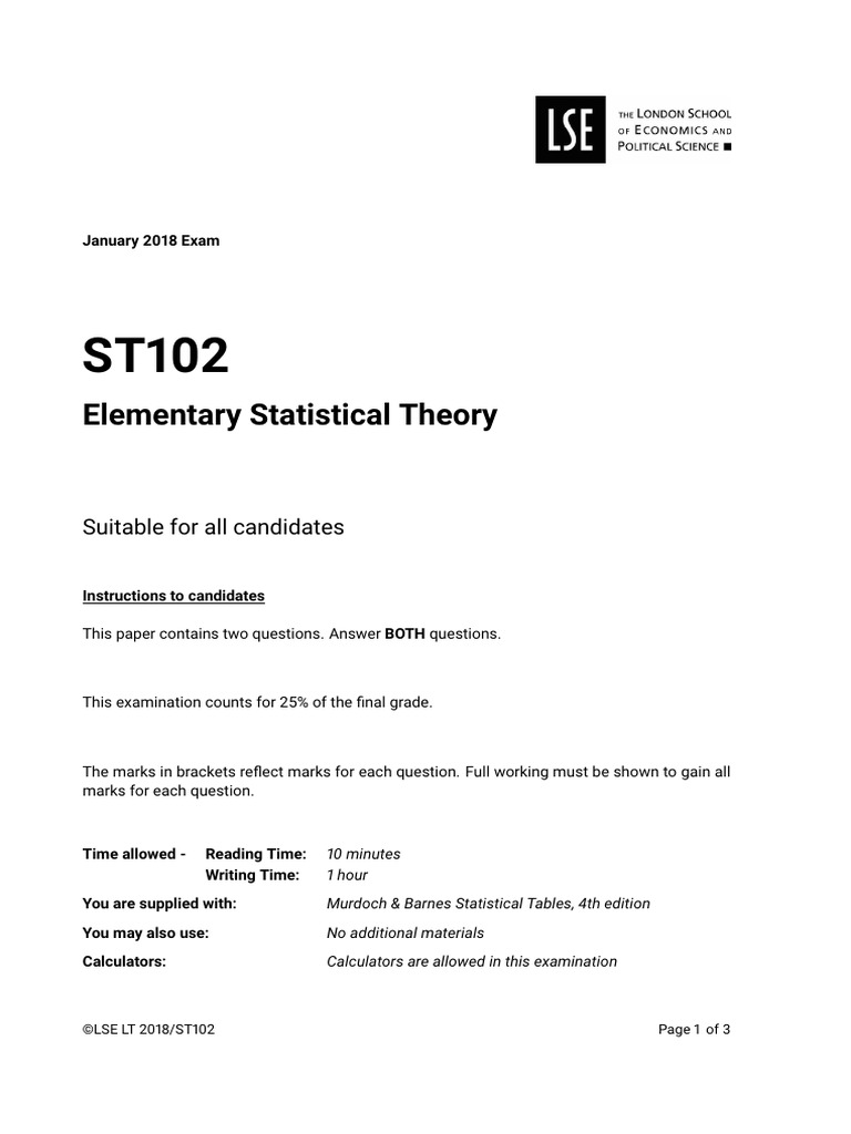 ST102 Exam Paper LT 2018 | PDF | Mathematics | Applied Mathematics