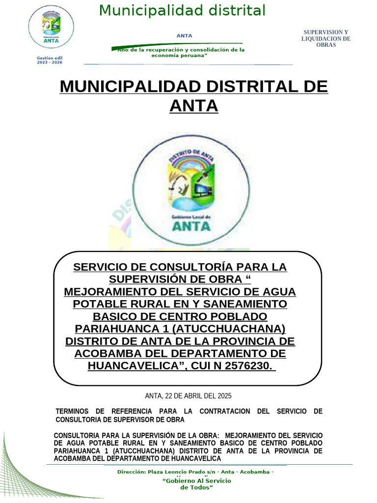 Tdr-Supervision Saneamiento Parihuanca Anta | PDF | Regulación | Perú