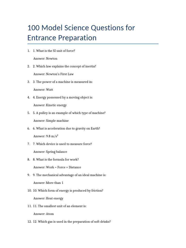 100 Model Science Questions Answers | PDF | Force | Acid