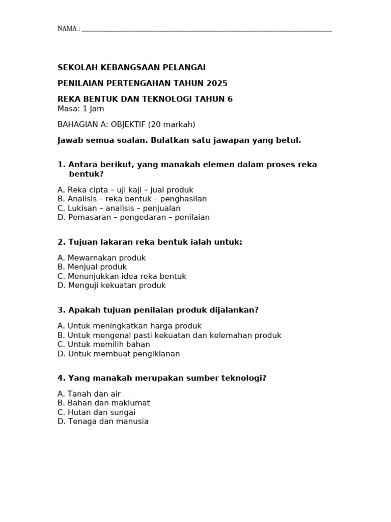 Soalan Objektif RBT Tahun 6 - Pertengahan Tahun | PDF