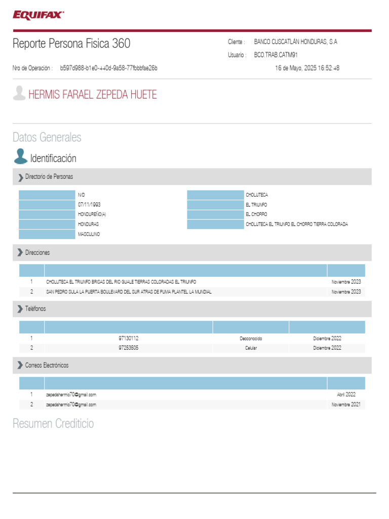 Reporte-Equifax - 2025-05-16T165432.602 | PDF | Honduras | Bancos
