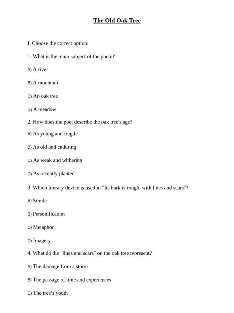 Old Oak Tree Poem Analysis and Q&A | PDF | Poetry | Trees