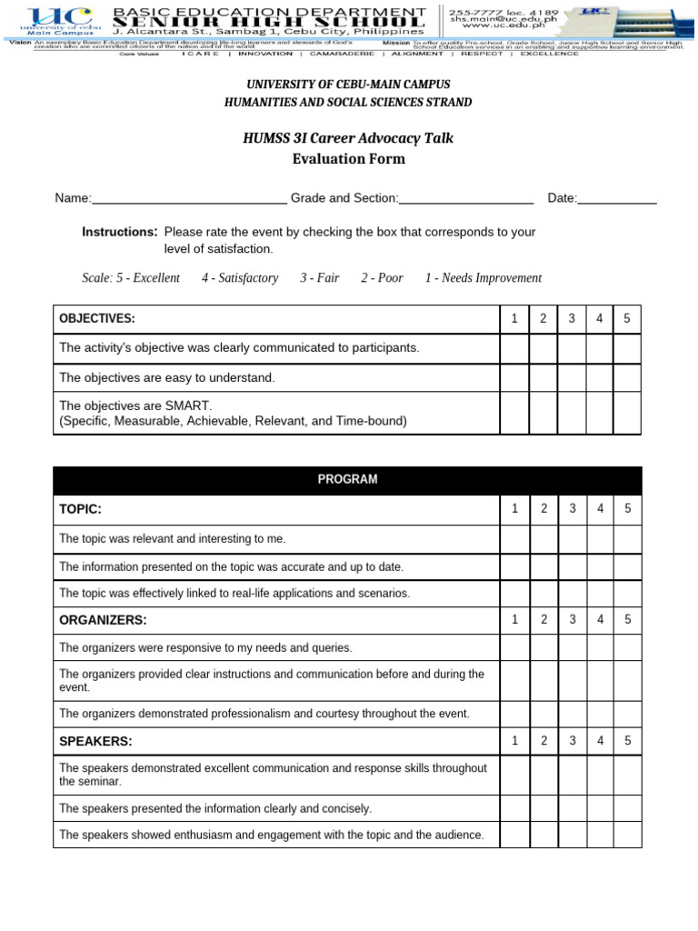 Humss 3i Career Advocacy Talk Evaluation Form | PDF | Communication ...
