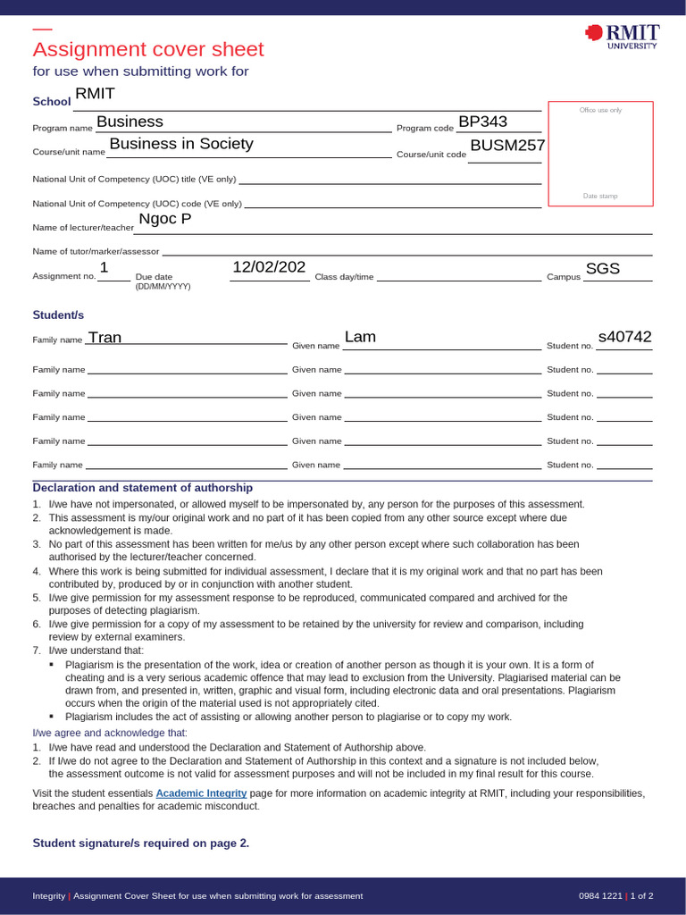 BUSM2575 Assignment1 Cover Sheet | PDF | Plagiarism | Academic Integrity