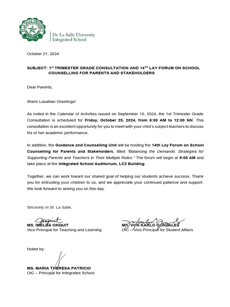 Circular For Grade Consultation & 14th Lay Forum | PDF