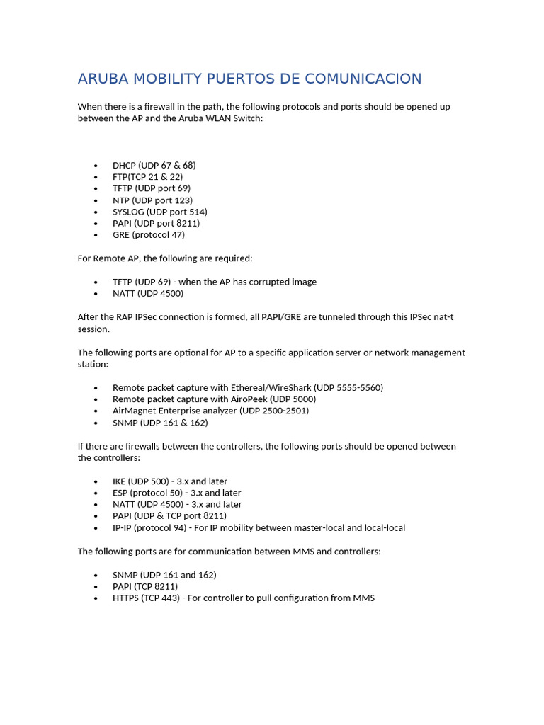 Aruba Mobility Puertos de Comunicacion | PDF