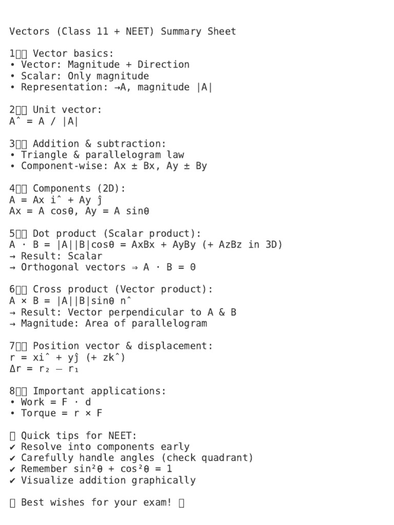 Vectors OnePage Summary | PDF