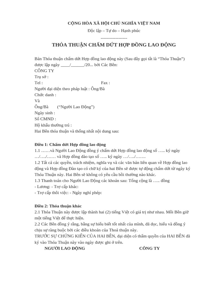 Thoa Thuan Cham Dut Hop Dong Lao Dong | PDF